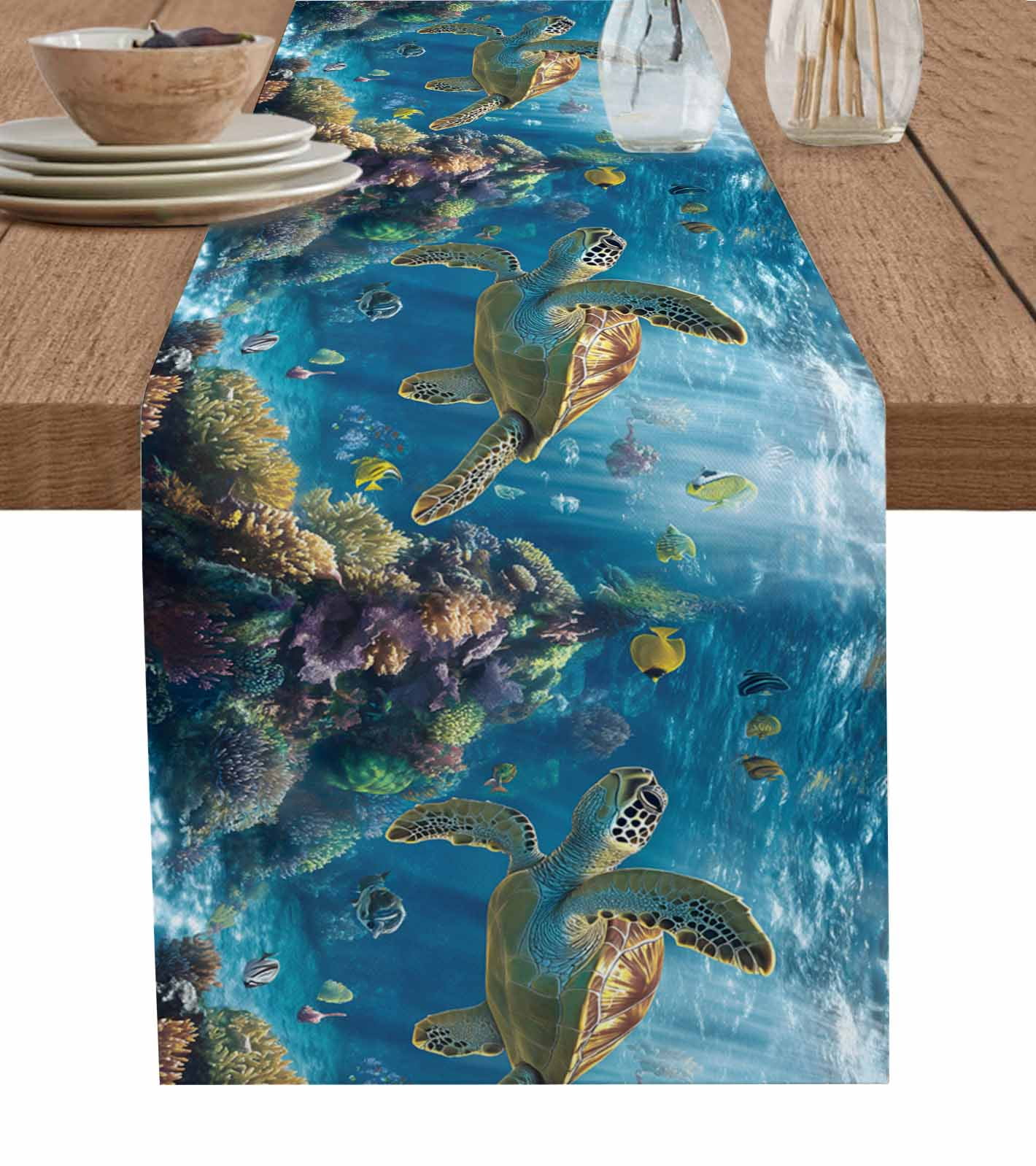 Coastal Turtle Burlap Cotton Table Runner 16x72 Inches Long, Turquoise ...