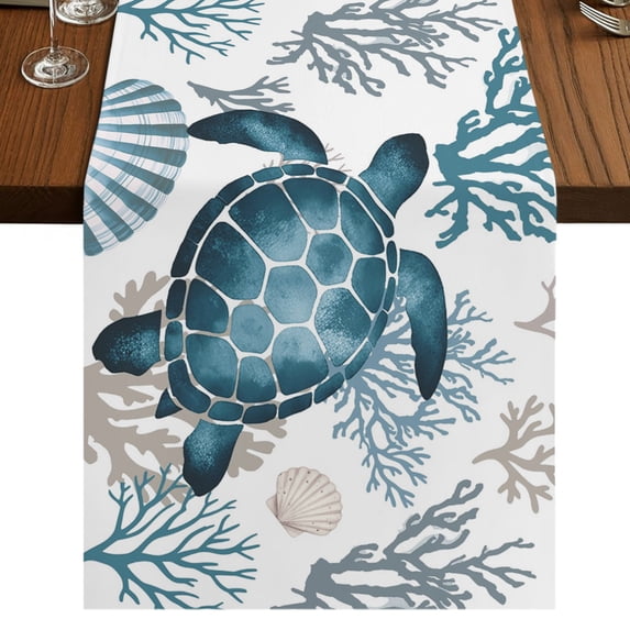 Coastal Turtle Burlap Cotton Table Runner 18x72 Inches Long, Blue Ocean ...
