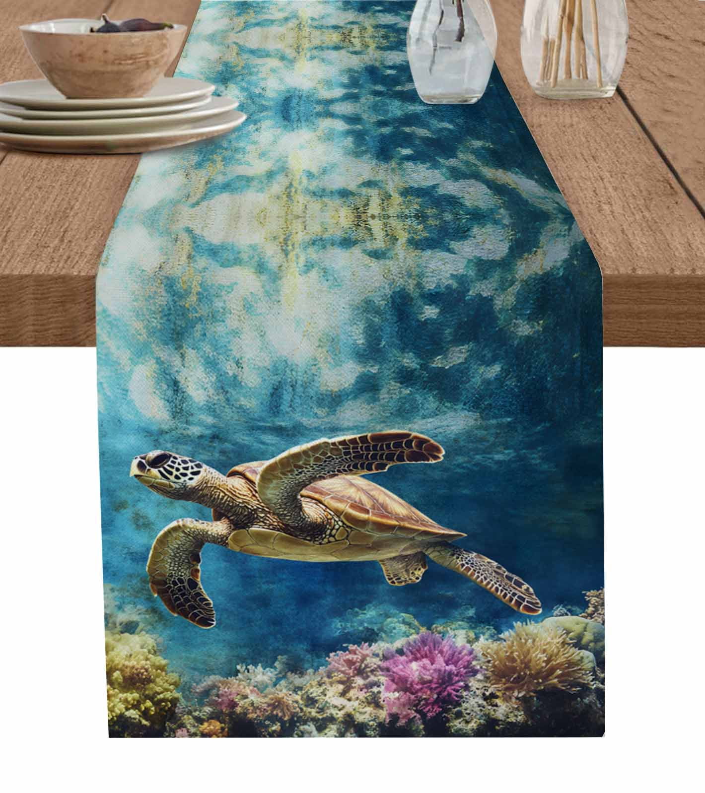 Coastal Turtle Burlap Cotton Table Runner 18x72 Inches Long, Blue Ocean ...