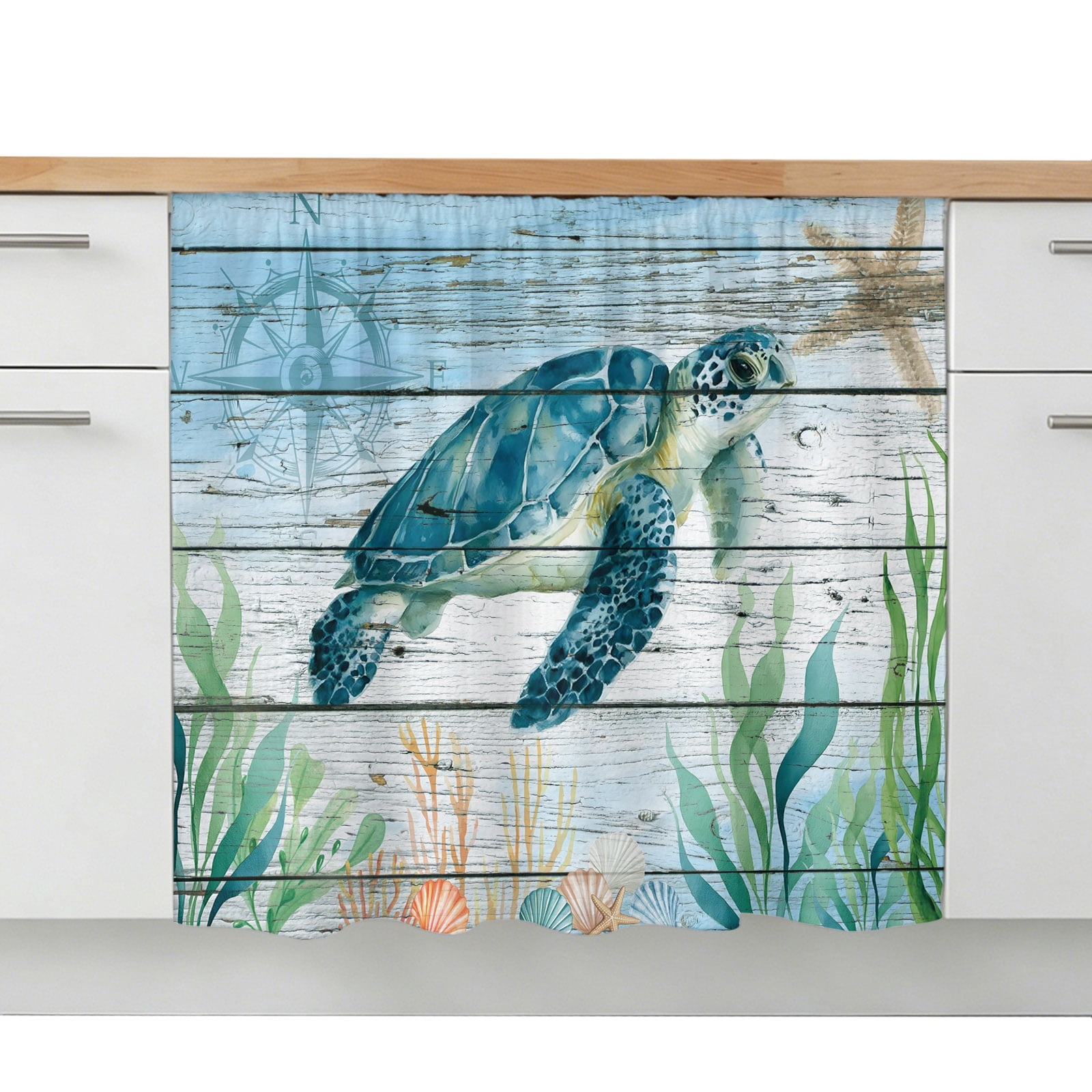 Coastal Turtle Cabinet Curtains 28"W x 35"L,Dustproof Sink Skirt ...