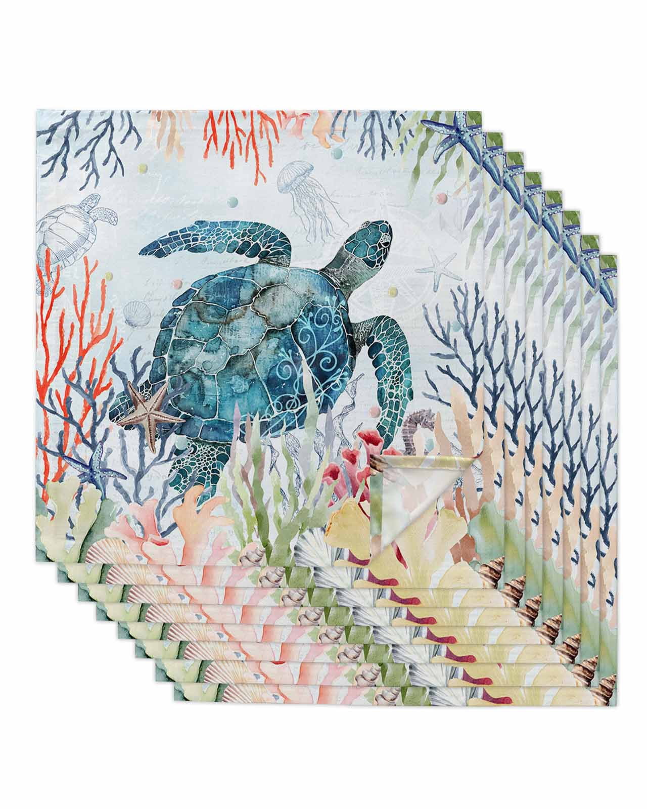 Coastal Turtle Cloth Napkins Set of 8 Reusable Dinner Napkins, Nautical ...