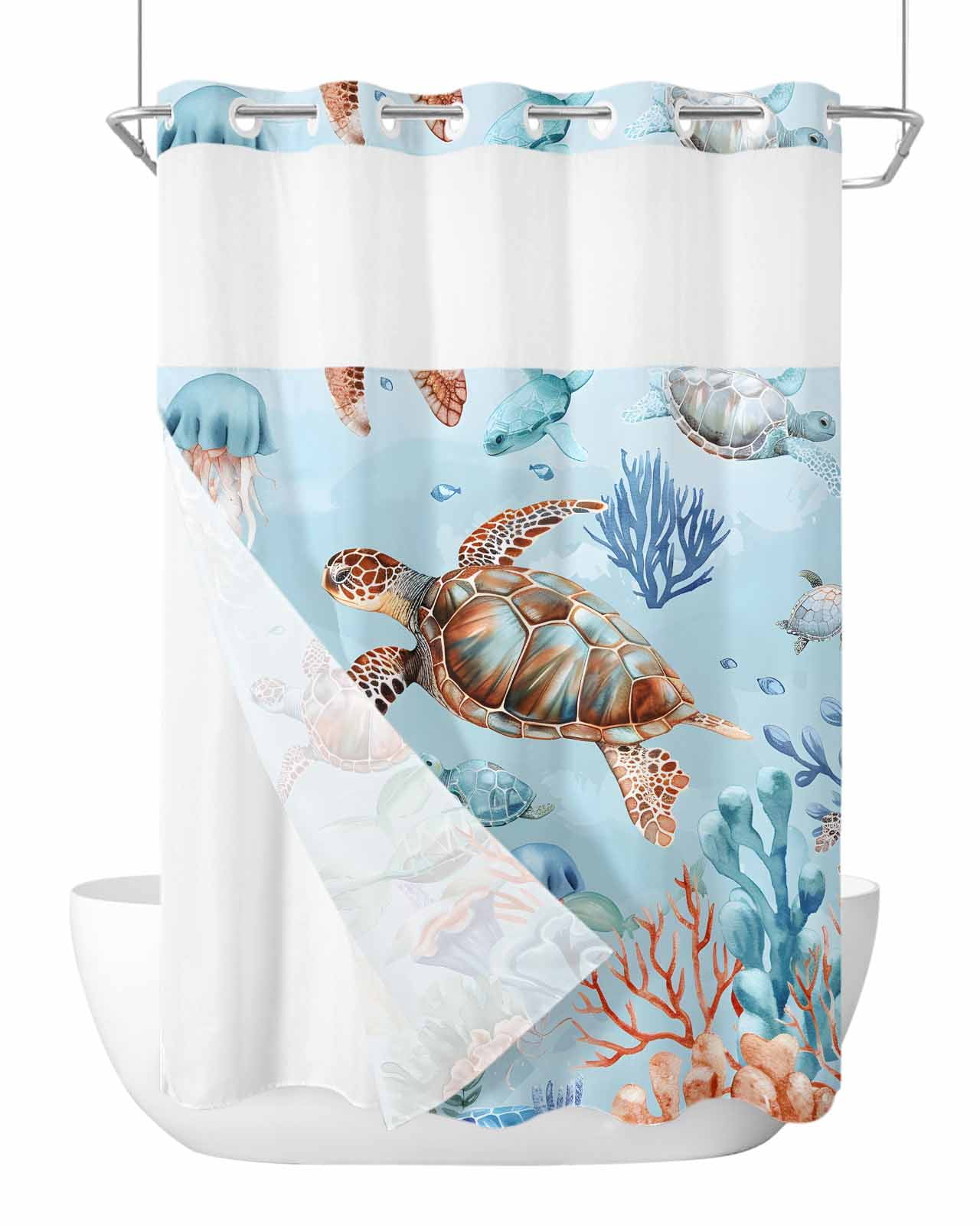 Coastal Turtle Coral Blue No Hook Shower Curtain with Snap in Liner ...