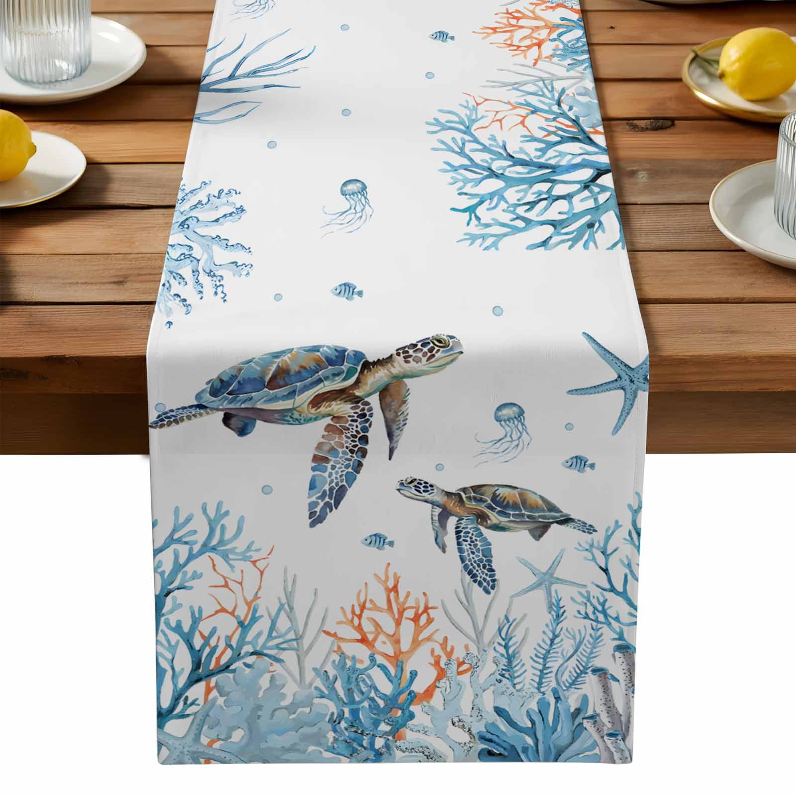 Coastal Turtle Cotton Linen Table Runner for Dining Kitchen, Blue Ocean ...