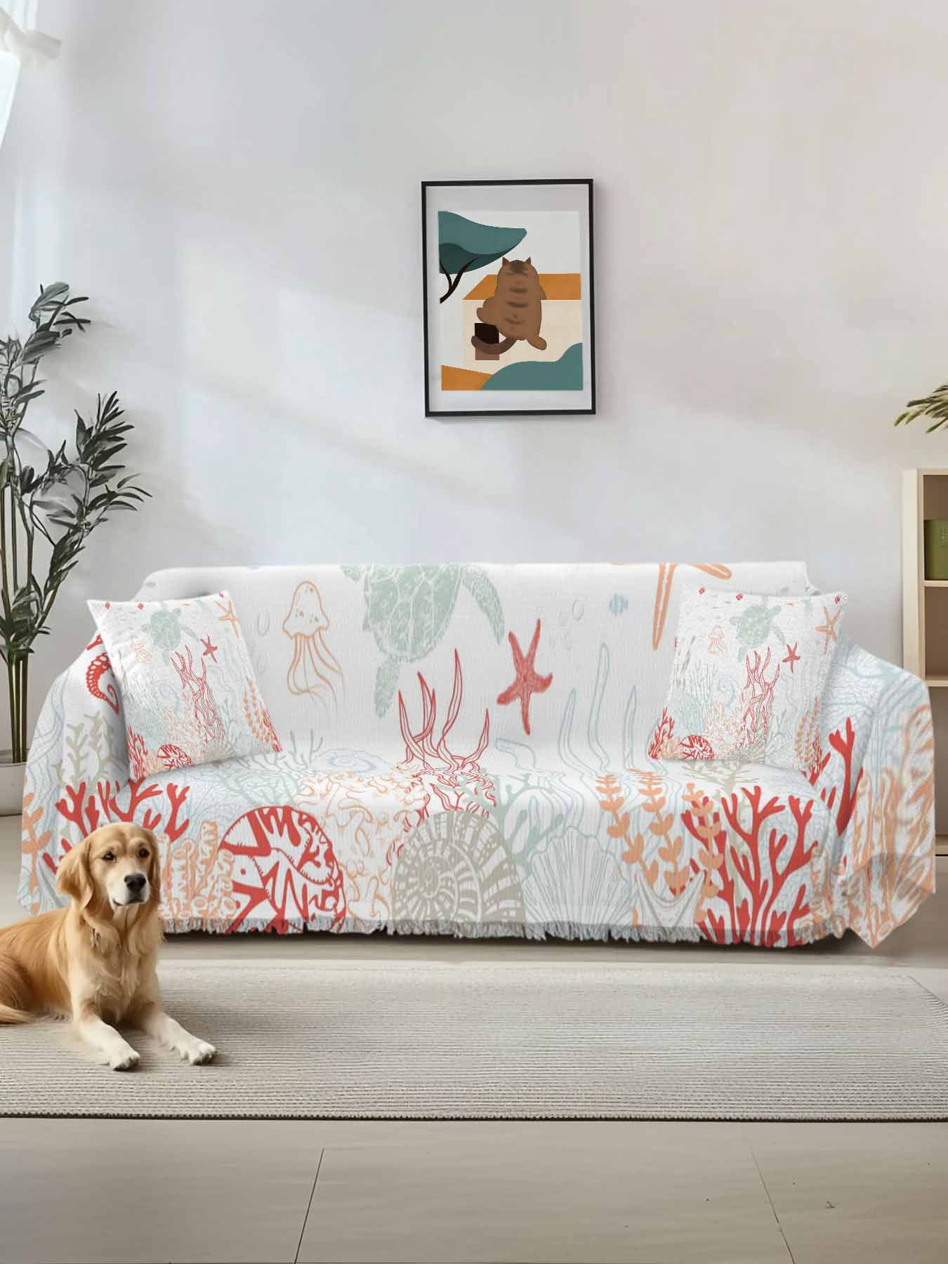 Coastal Turtle Couch Cover, Orange Red Coral Green Jellyfish Starfish ...