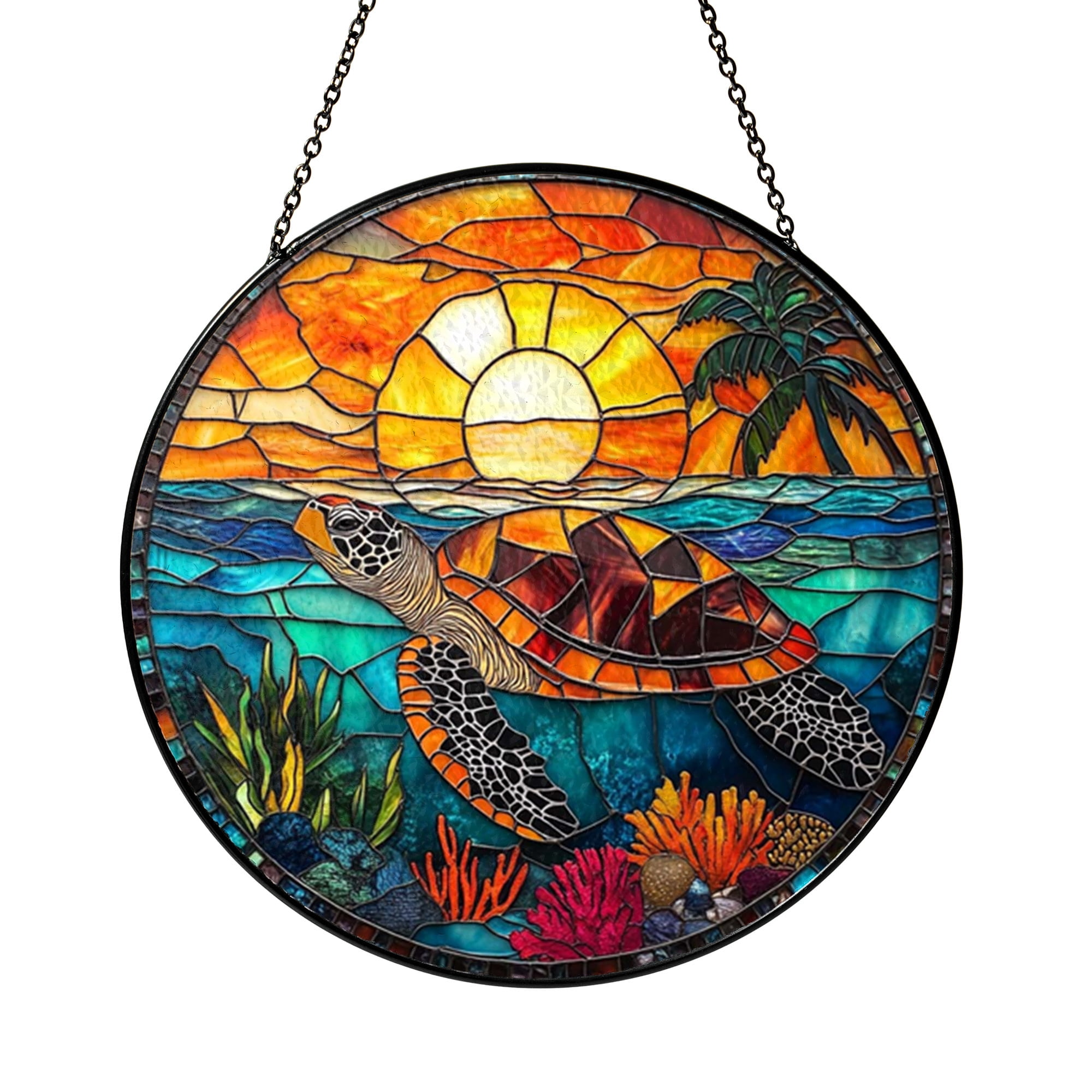Coastal Turtle Design Stained Glass Style Decorative Window Panel ...