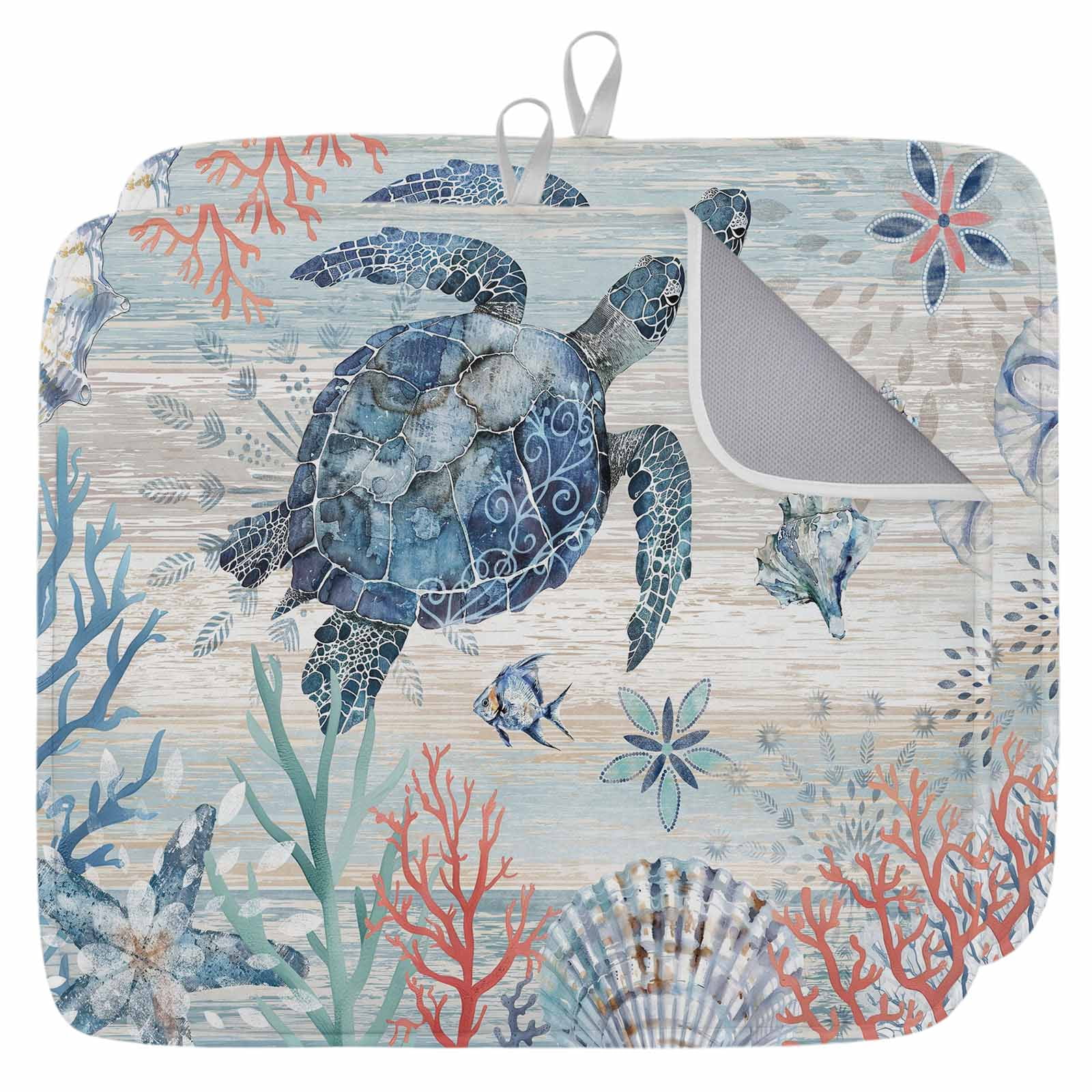 Coastal Turtle Dish Drying Mat for Kitchen Counter,Rustic Nautical ...