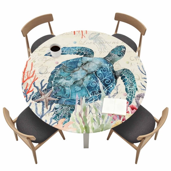 Coastal Turtle Fitted Tablecloth with Elastic Edged, Round Table Cloth ...