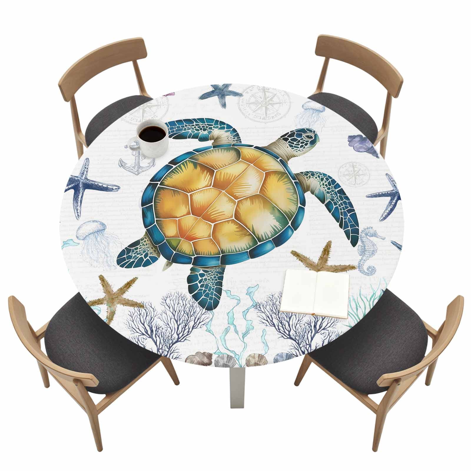 Coastal Turtle Fitted Tablecloth with Elastic Edged, Round Table Cloth ...