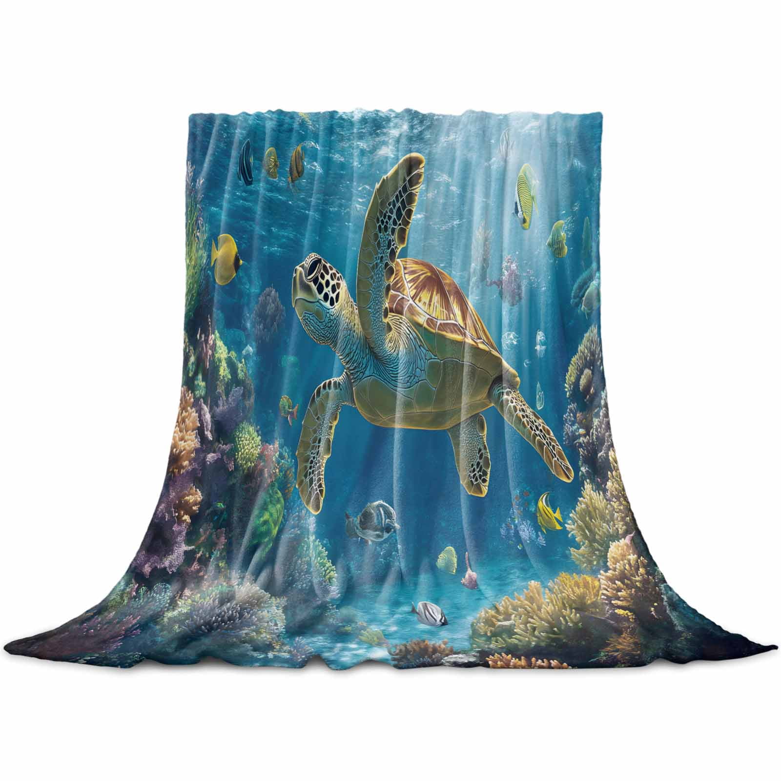 Coastal Turtle Flannel Blanket for Bed, Turquoise Tropical Ocean Animal ...