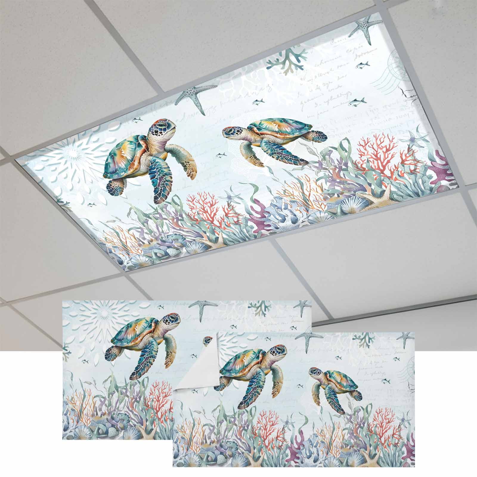 Coastal Turtle Fluorescent Light Covers, Ocean Starfish Coral Nautical ...