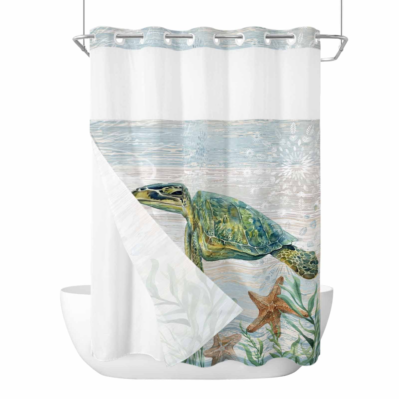 Coastal Turtle No Hook Shower Curtain with Snap in Liner Ocean Starfish ...