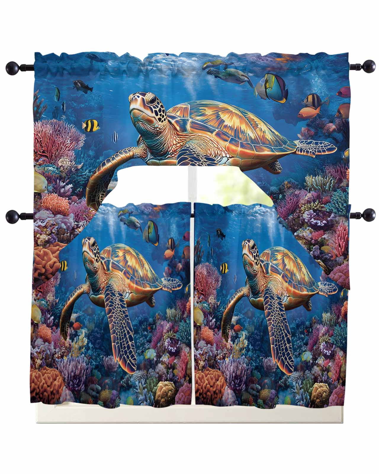 Coastal Turtle Kitchen Curtain and Valance Set 3 Pieces,Rod Pocket ...