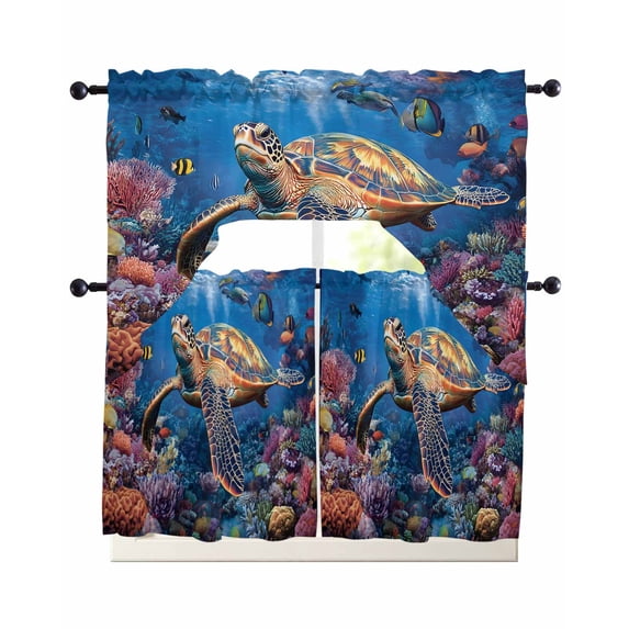 Coastal Turtle Kitchen Curtain and Valance Set 3 Pieces,Rod Pocket ...
