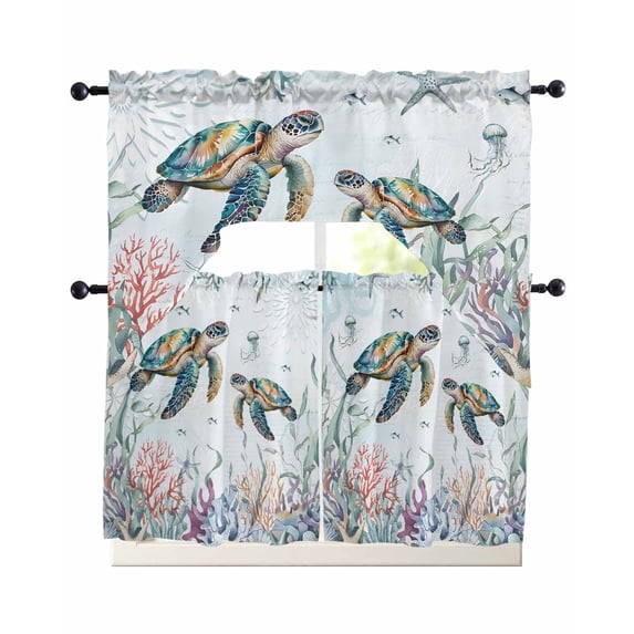 Coastal Turtle Kitchen Curtains Set for Windows 3 Piece Cafe Curtains ...