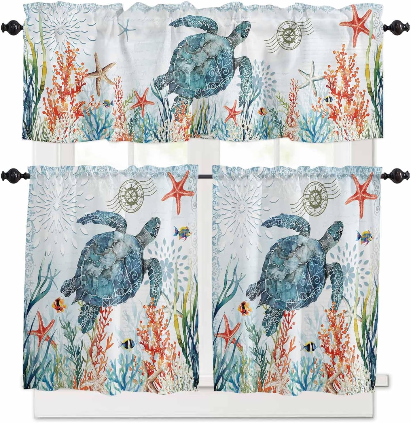 Coastal Turtle Kitchen Curtains and Valances Set, Ocean Coral Seaweed ...