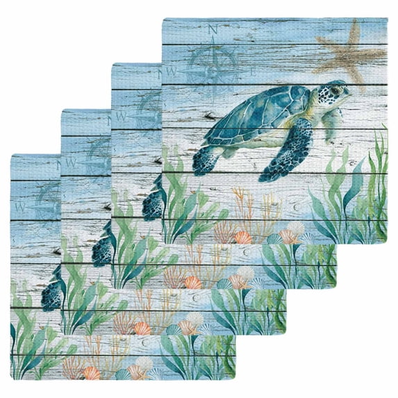 Coastal Turtle Kitchen Dish Towels for Drying Dishes Set of 4, Nautical ...