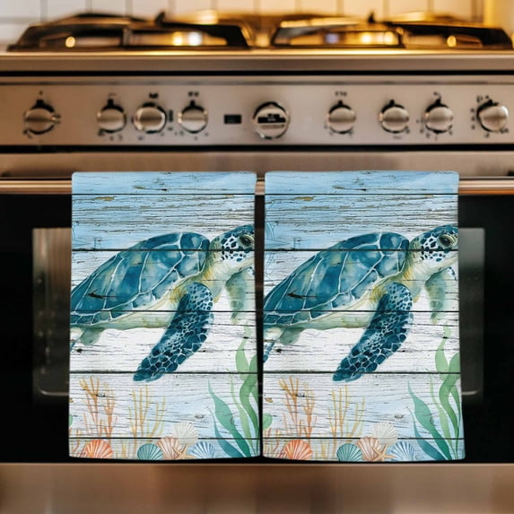 Coastal Turtle Kitchen Towels Set of 3, Nautical Ocean Shells Seaweeds ...