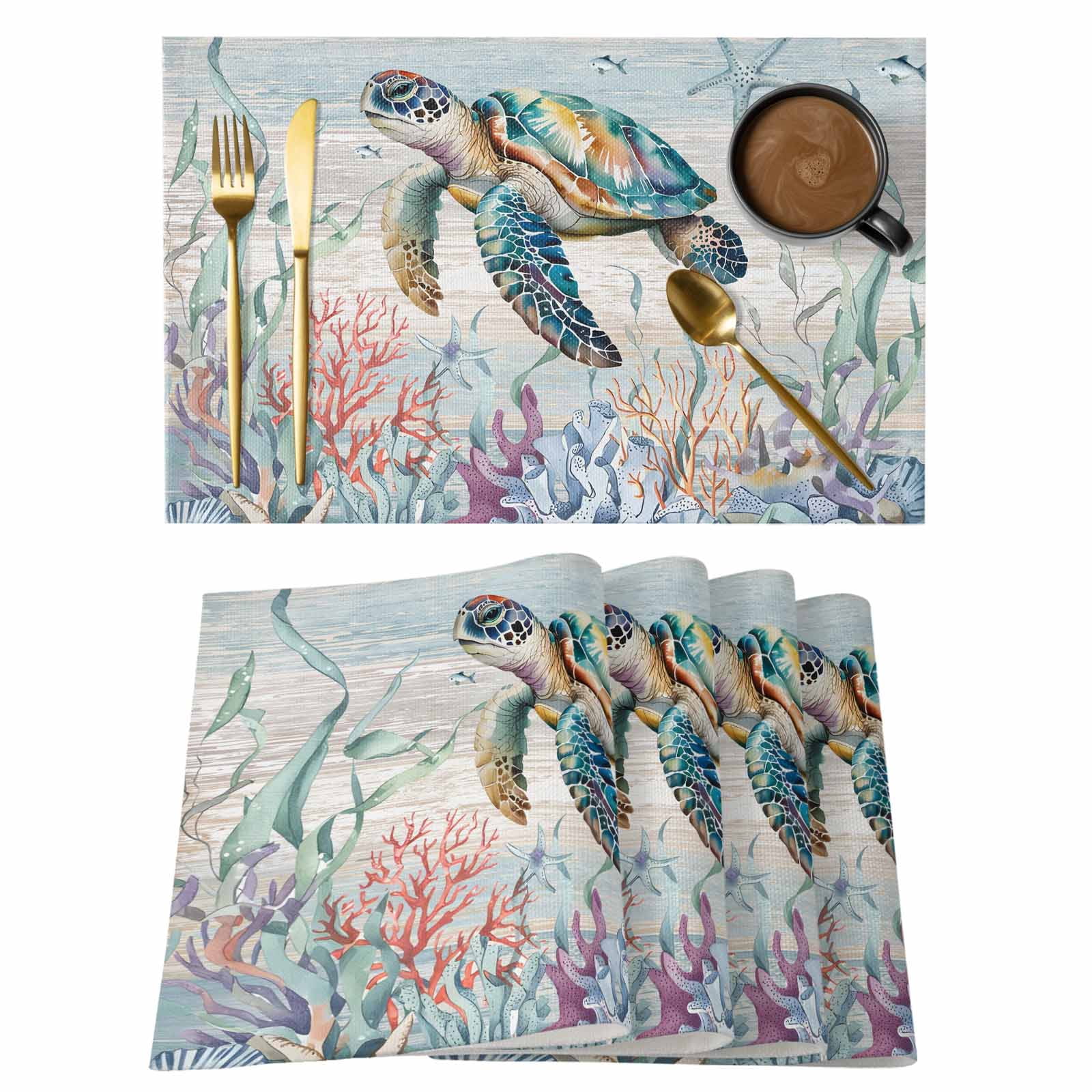 Coastal Turtle Placemats Set of 12, Nautical Beach Sea Ocean Coral ...