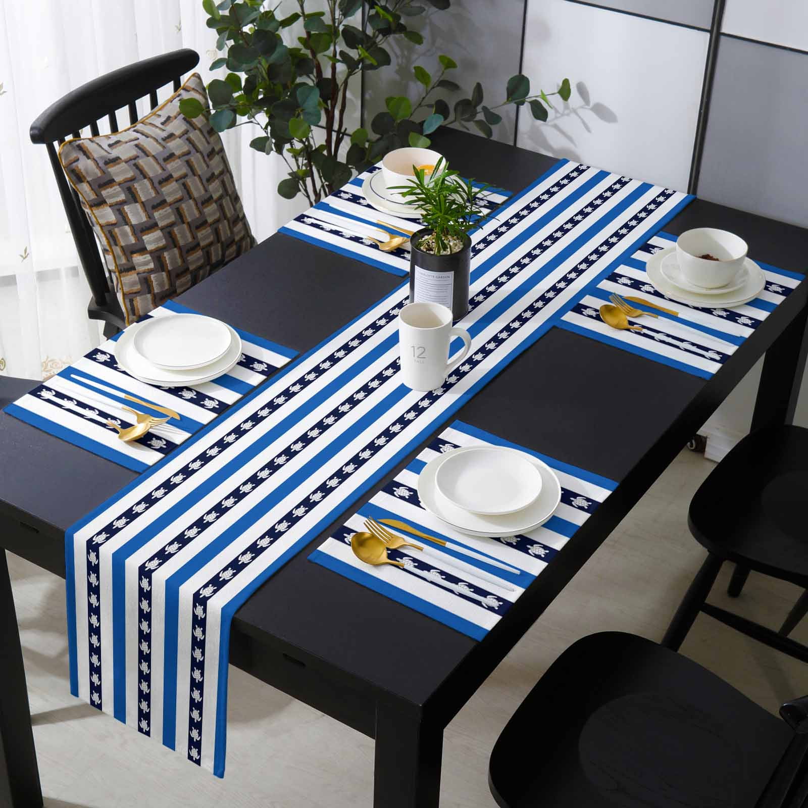 Coastal Turtle Placemats Set of 6 with 72 Inches Long Table Runners,Blue Stripe Navy White ...