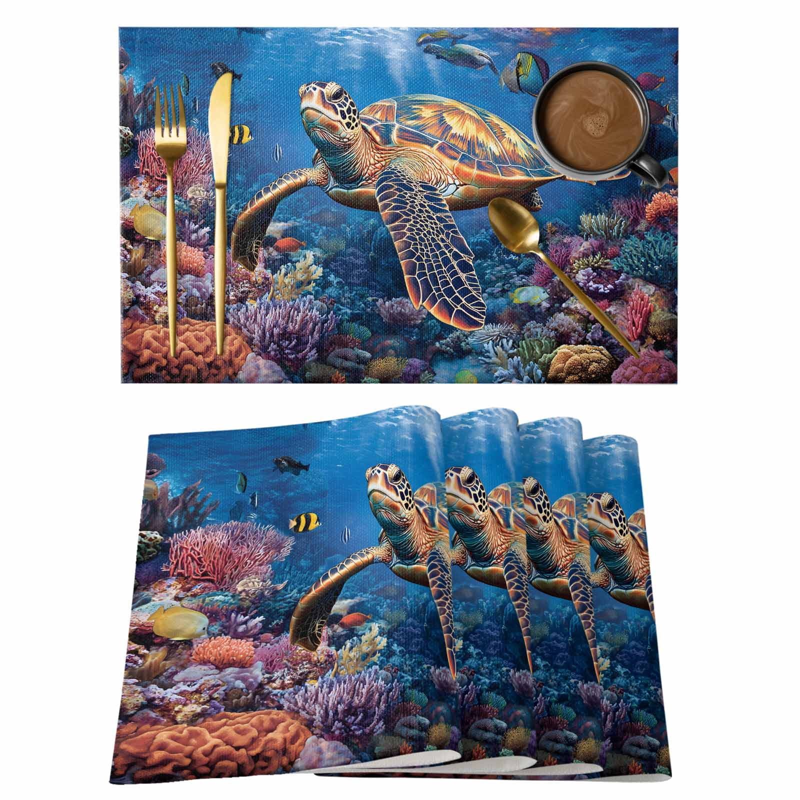 Coastal Turtle Placemats Set of 6,Cotton Linen Fabric Place Mats ...