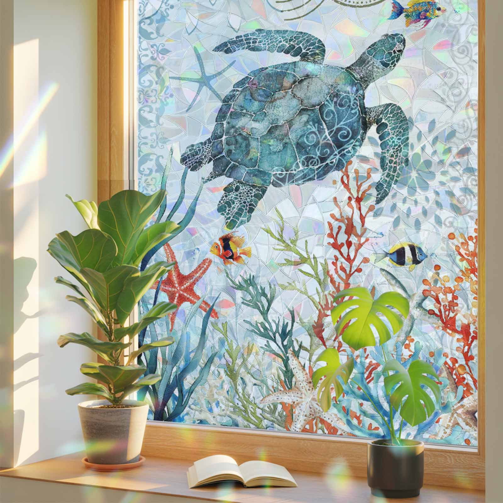 Coastal Turtle Privacy Window Film, Decorative Stained Glass Window ...