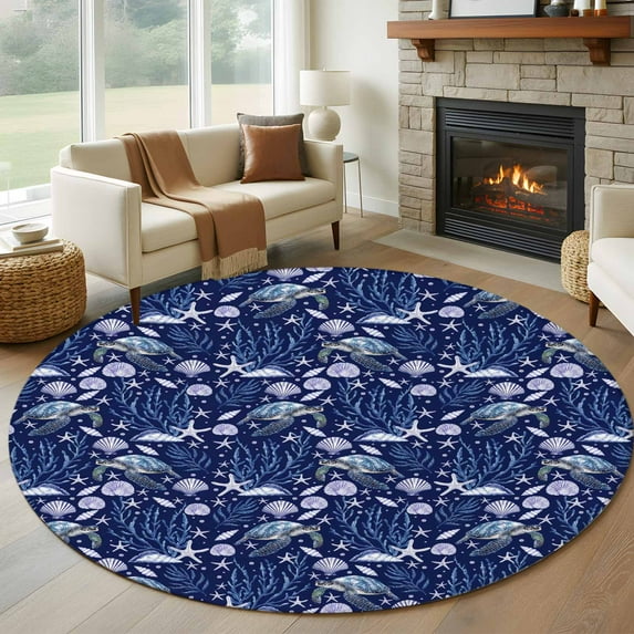 Coastal Turtle Round Area Rug 6 FT, Non Slip Bedroom Area Rug, Blue ...