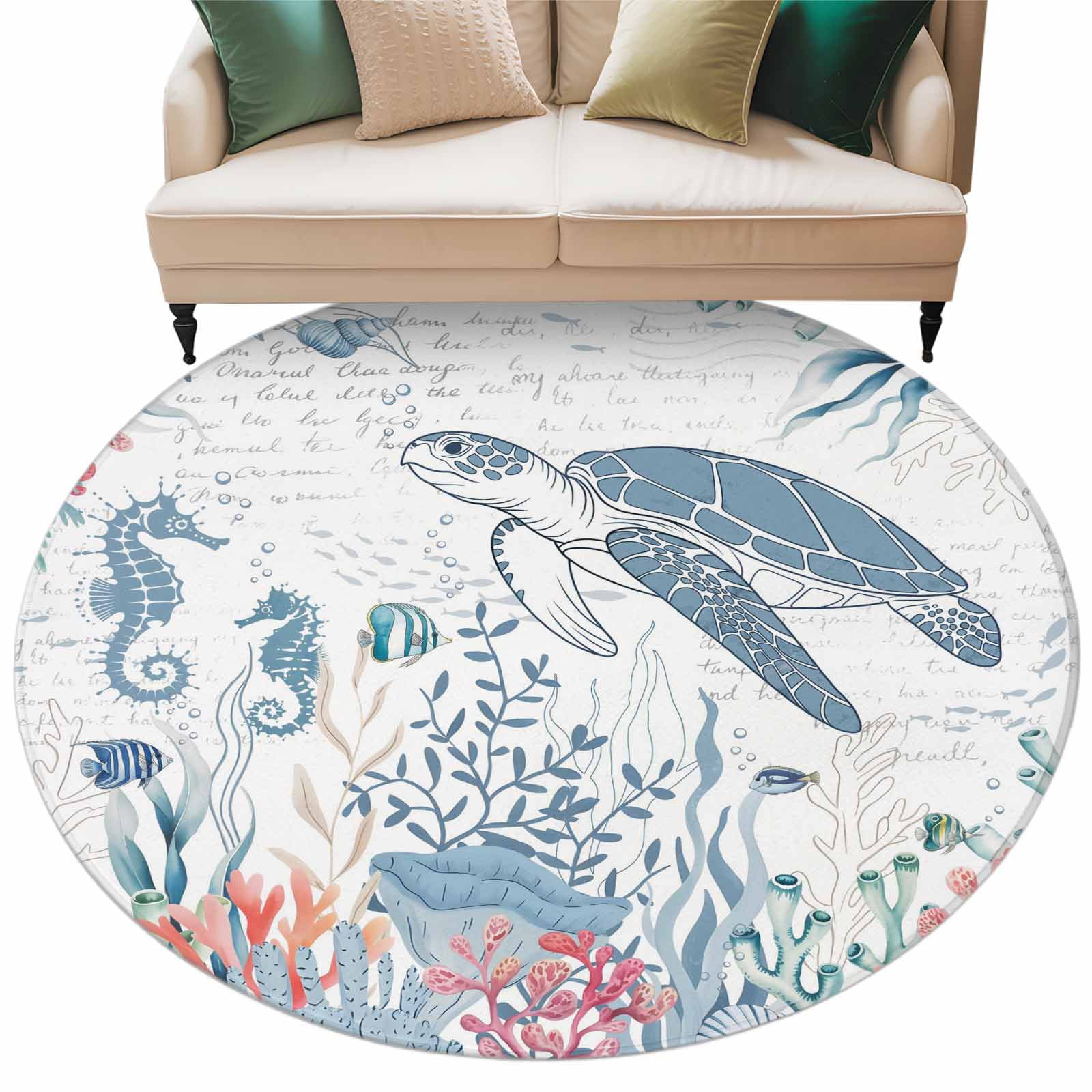 Coastal Turtle Round Area Rugs Collection 8', Summer Beach Nautical ...