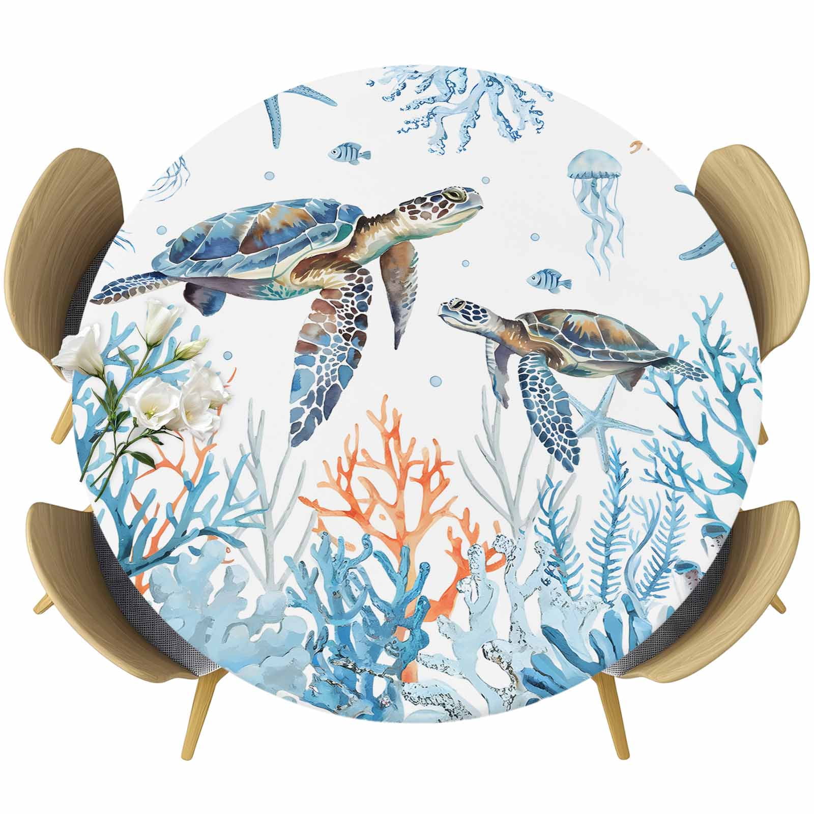 Coastal Turtle Round Tablecloth 45-54 Inch Round Fitted Table Cloth ...