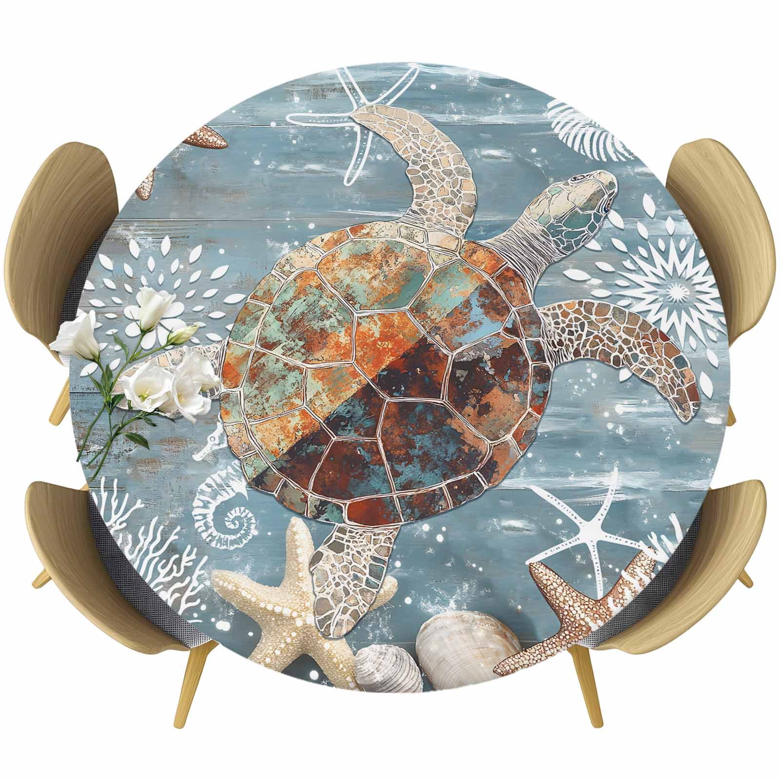 Coastal Turtle Round Tablecloth 45-54 Inch Round Fitted Table Cloth ...