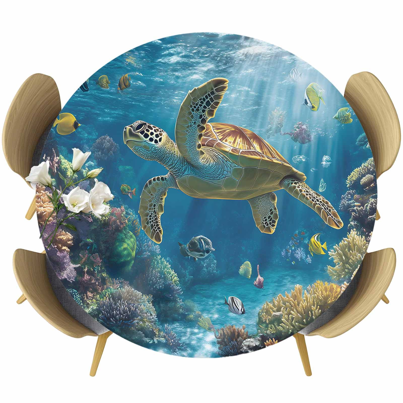 Coastal Turtle Round Tablecloth 55-60 Inch Round Fitted Table Cloth ...