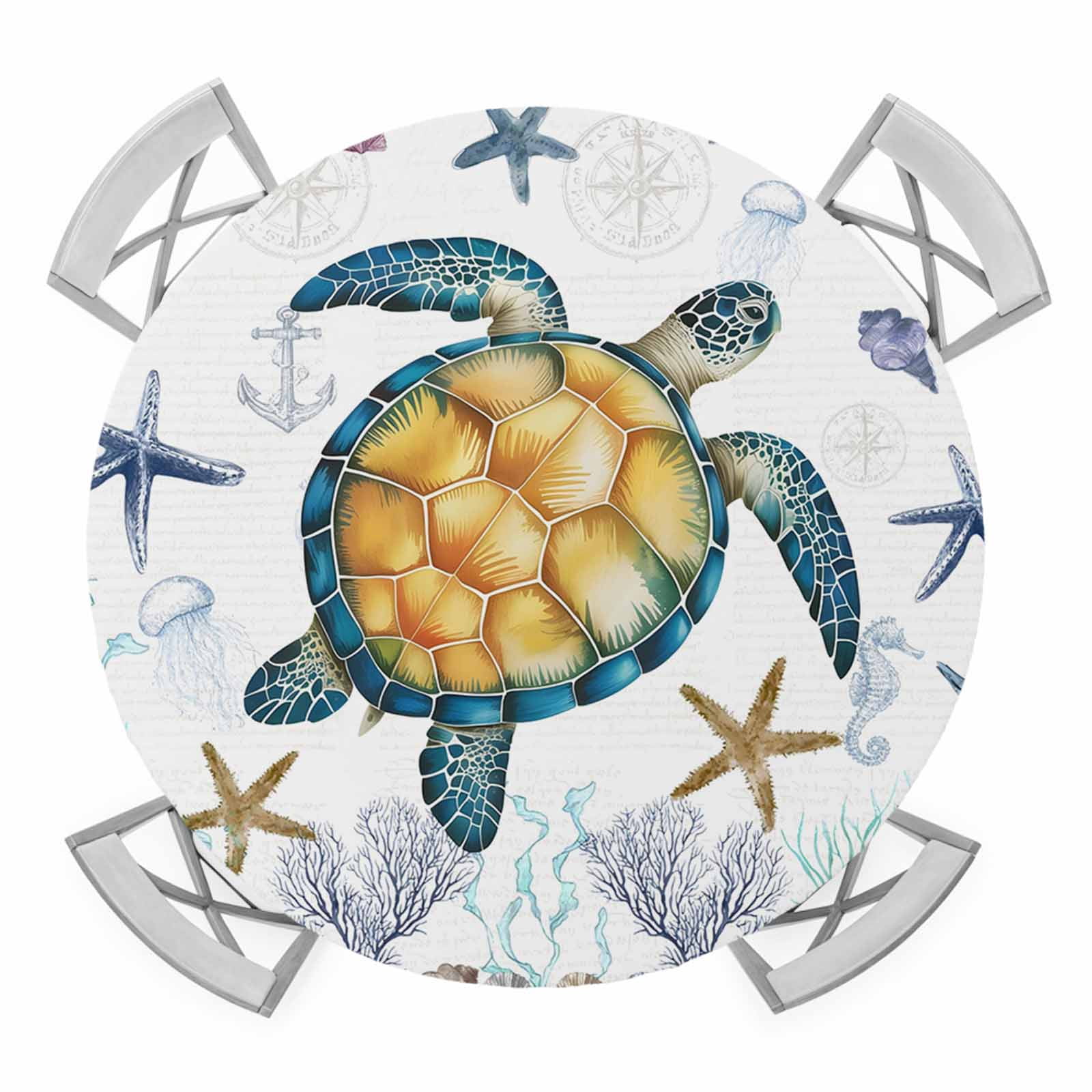 Coastal Turtle Round Tablecloth for 55-60 Inch Tables,Fitted Table ...