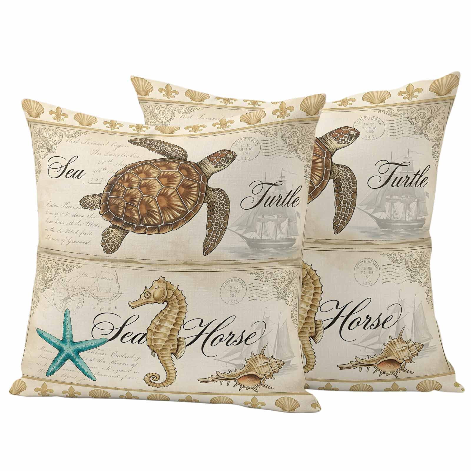 Coastal Turtle Seahorse Outdoor Waterproof Pillow Covers, Nautical ...