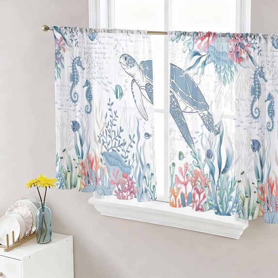 Coastal Turtle Sheer Curtains 45 Inch Length 2 Panels Set, Summer Beach ...