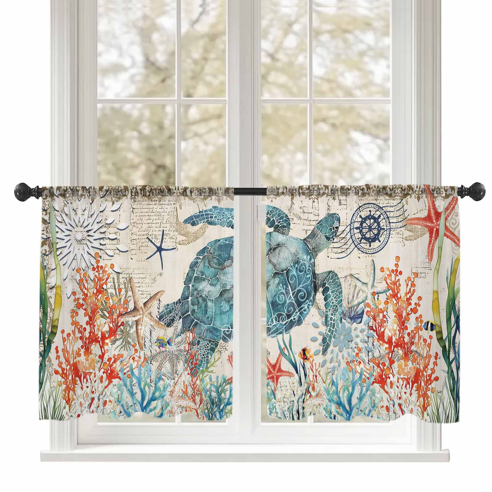 Coastal Turtle Sheer Curtains 45 inches Long, Ocean Coral Seaweed ...