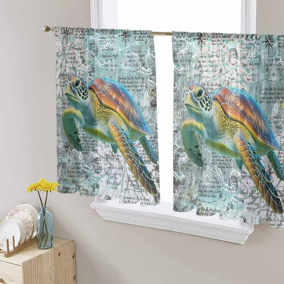 Coastal Turtle Sheer Curtains 54 Inches Length 2 Panels Set, Window ...