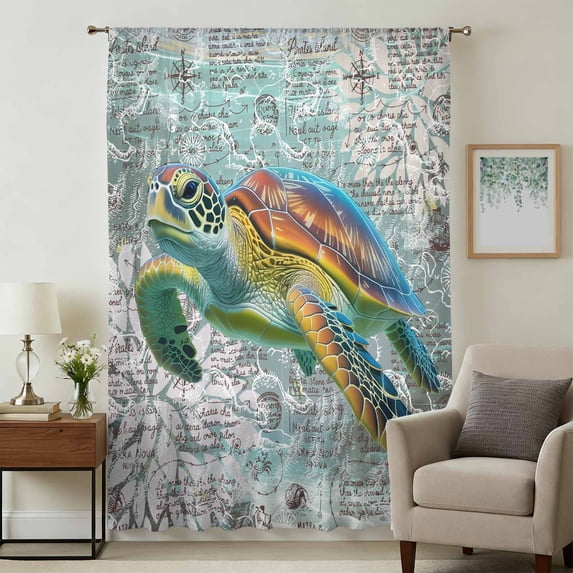 Coastal Turtle Sheer Curtains 54 Inches Long, Farmhouse Ocean Nautical ...