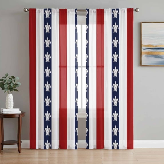Coastal Turtle Sheer Curtains 84 Inch Length 2 Panels Set, Red Stripe ...