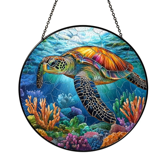Coastal Turtle Stained Glass Window Hanging, Nature Art Panel Accent ...