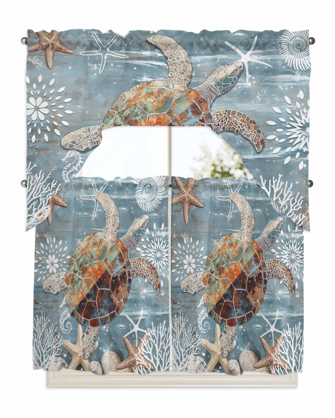 Coastal Turtle Swag Valance and Tier Curtains 36'' Length Set, Teal ...