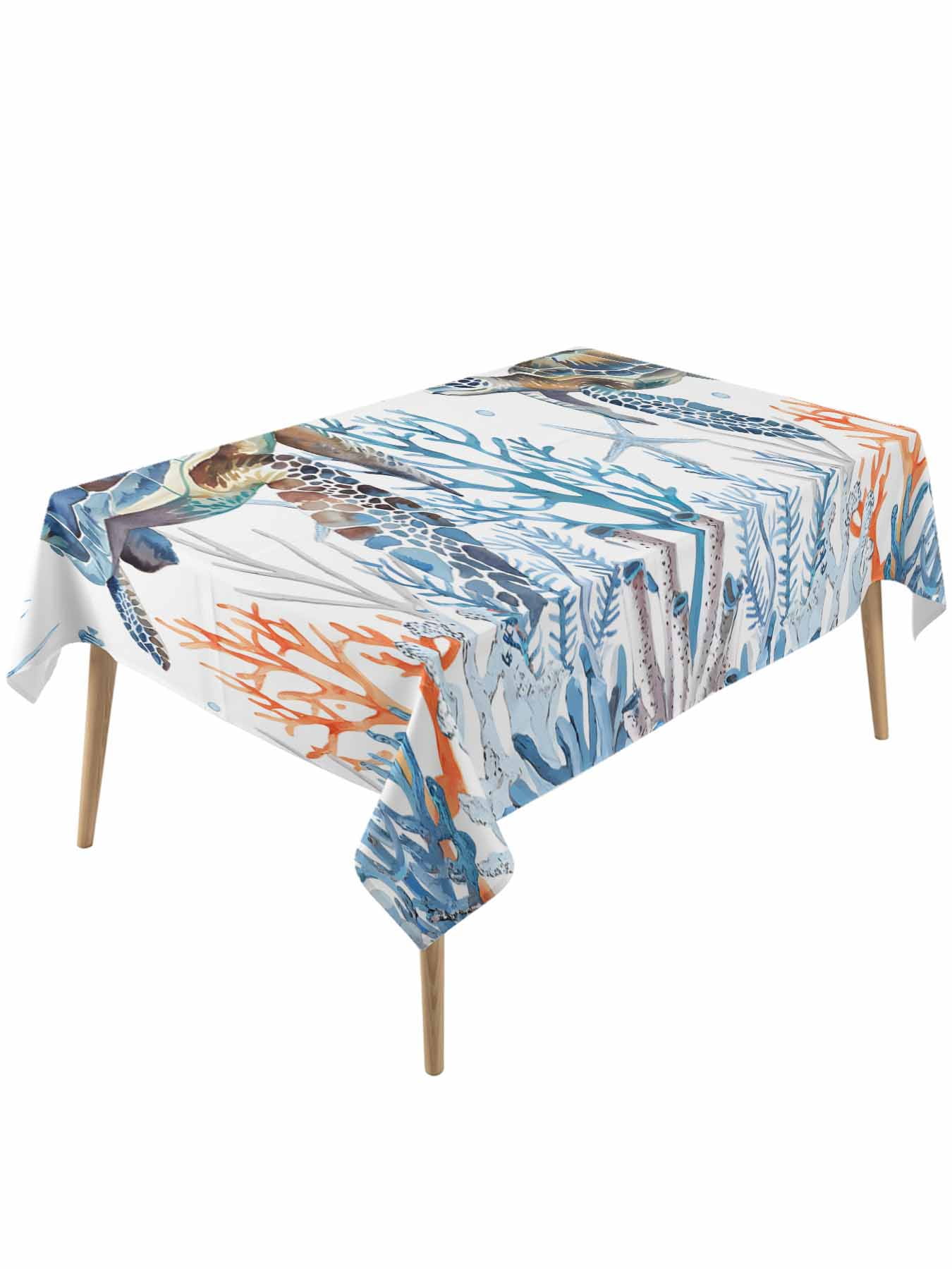 Coastal Turtle Table Cloth, Blue Ocean Coral Starfish Seagrass ...