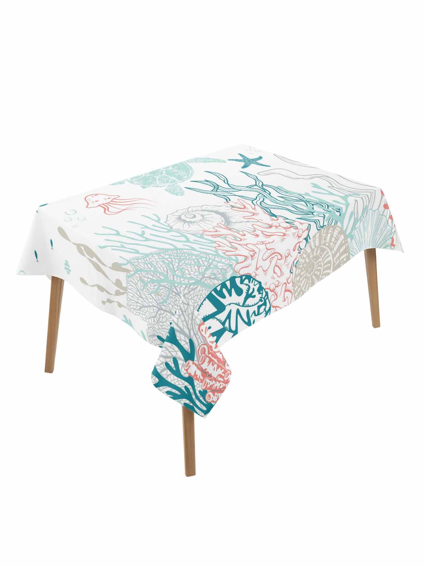 Coastal Turtle Table Cloth, Teal Green Ocean Coral Starfish Jellyfish ...