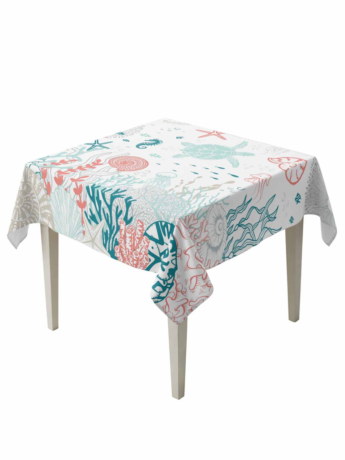 Coastal Turtle Table Cloth, Teal Green Ocean Coral Starfish Jellyfish ...