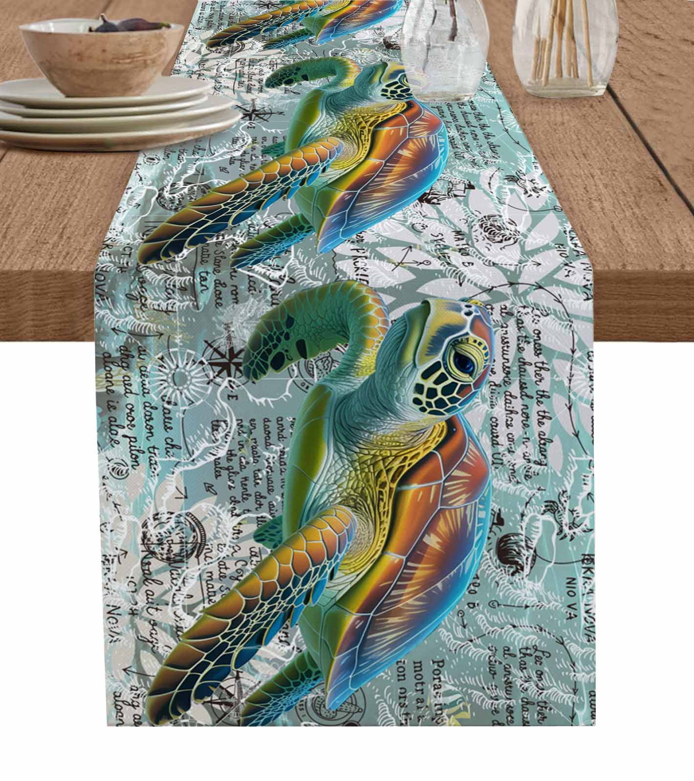 Coastal Turtle Table Runner 108 Inches, Farmhouse Ocean Nautical Marine ...