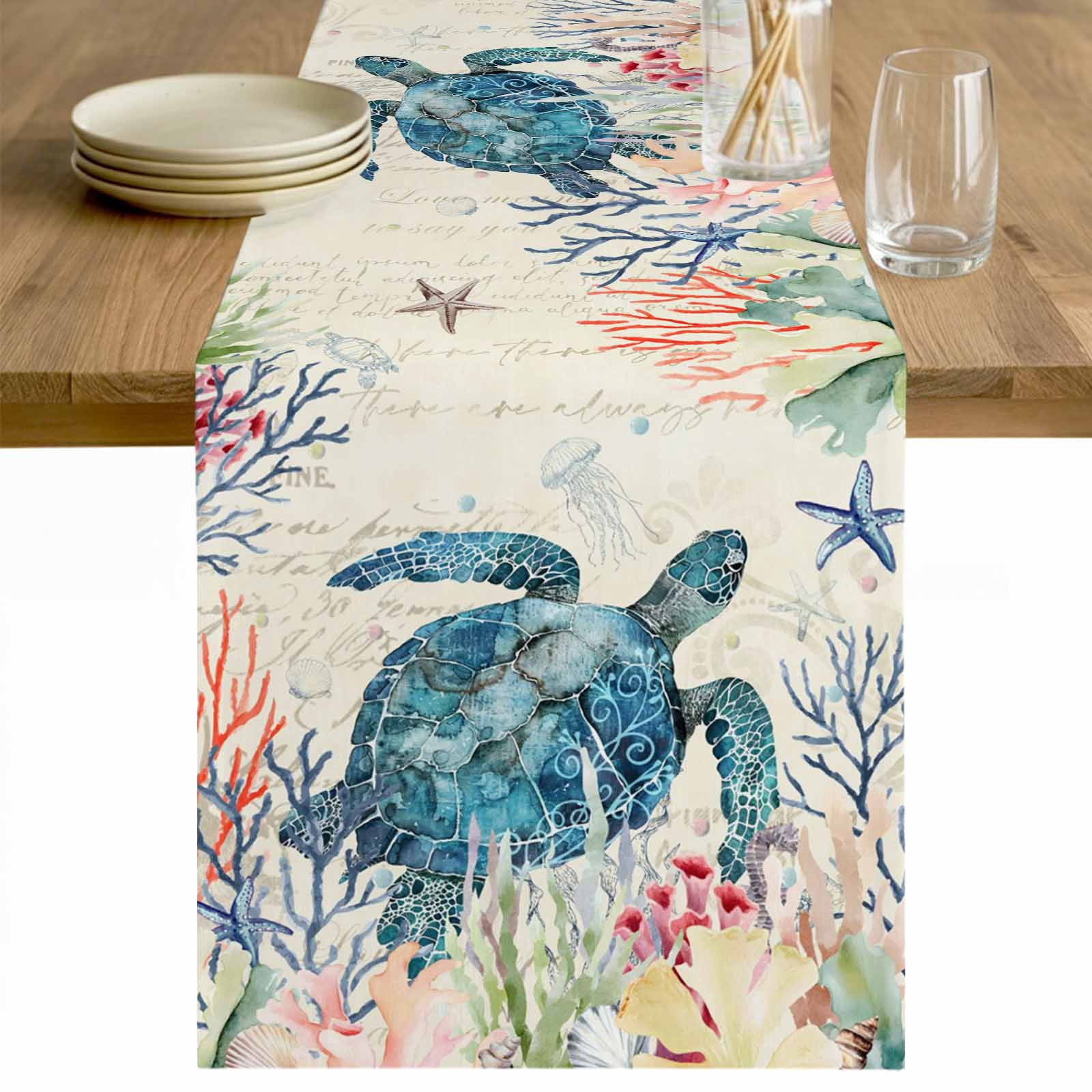 Coastal Turtle Table Runner 108 Inches Long Farmhouse Dress Scarves ...