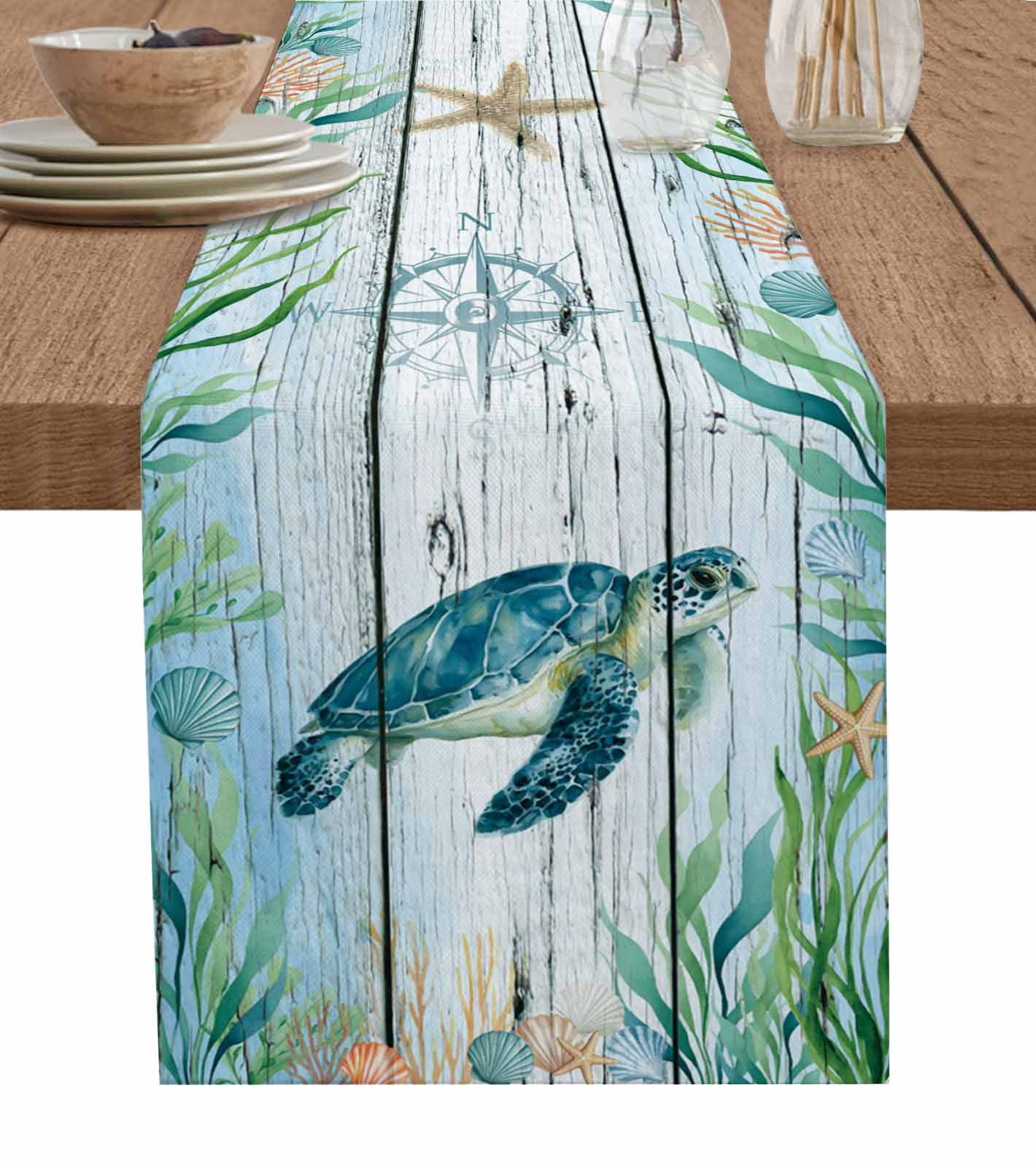 Coastal Turtle Table Runner 36 Inches, Nautical Ocean Shells Seaweeds ...