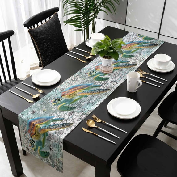 Coastal Turtle Table Runner 48 Inches Long, Farmhouse Ocean Nautical ...