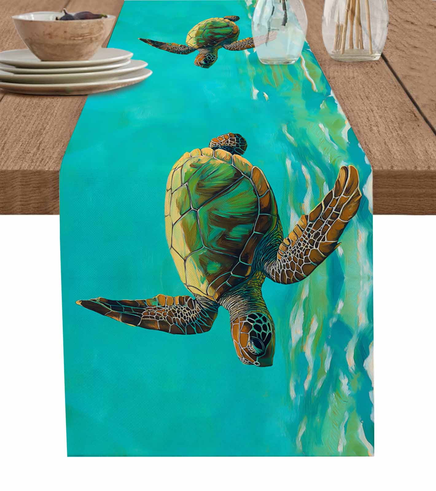 Coastal Turtle Table Runner 48 Inches, Summer Teal Green Sea Beach ...