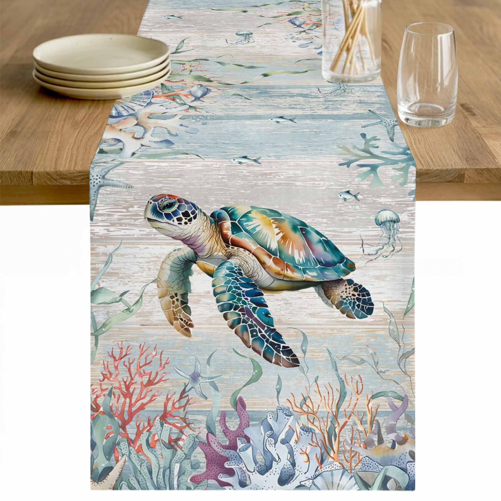 Coastal Turtle Table Runner - 70 Inch Long Nautical Beach Sea Ocean ...
