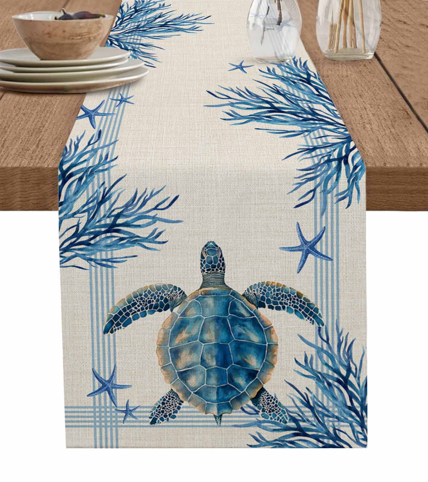 Coastal Turtle Table Runner 72 Inch Long Dresser Scarves Cotton Linen ...