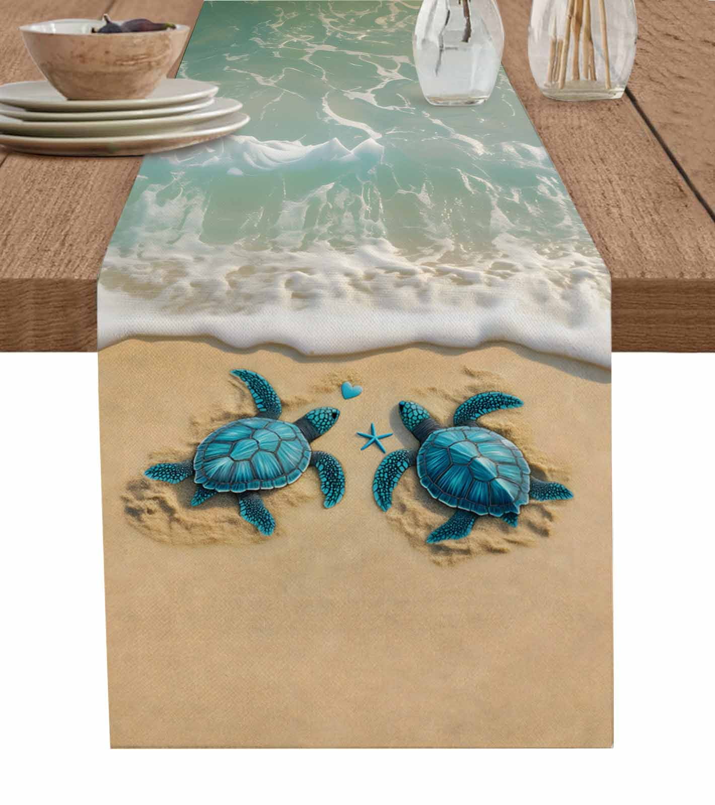 Coastal Turtle Table Runner 72 Inch Long Dresser Scarves Cotton Linen ...